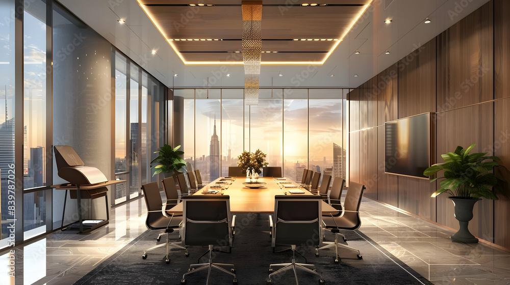 Elegant modern office conference room with panoramic city views at ...