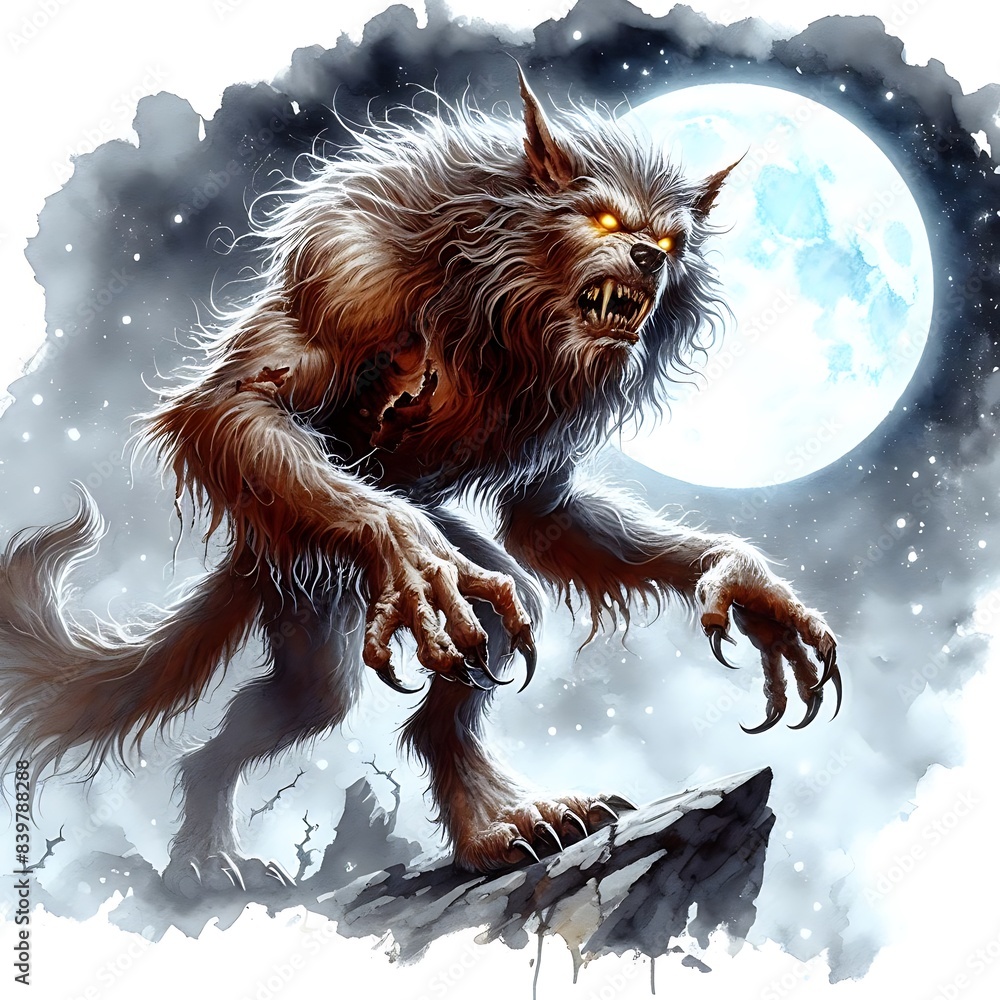 Lycanthropic Night. Sinister Werewolf on Moonlit Cliff in Eerie Mist ...