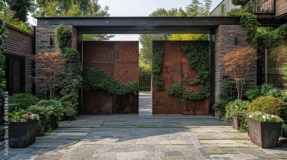 The gate with climbing plants in various stages of bloom, showing the ...
