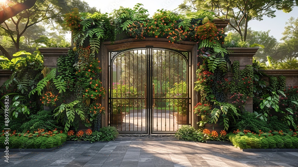 The gate with climbing plants in various stages of bloom, showing the ...