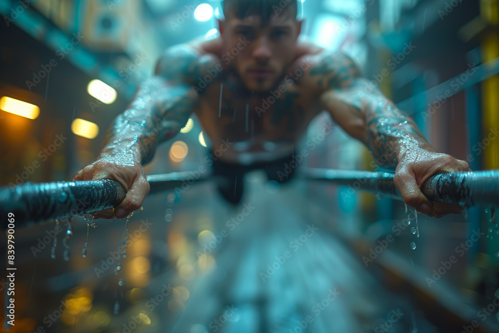 A person doing tricep dips on parallel bars. Concept of arm strength ...