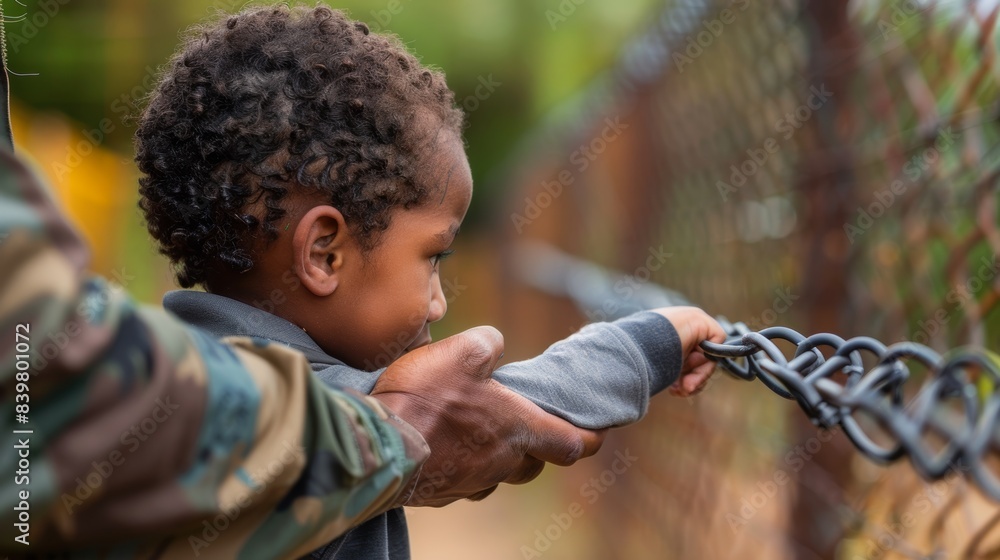 Curiosity of a young child gripping a chain-link fence with a helping ...
