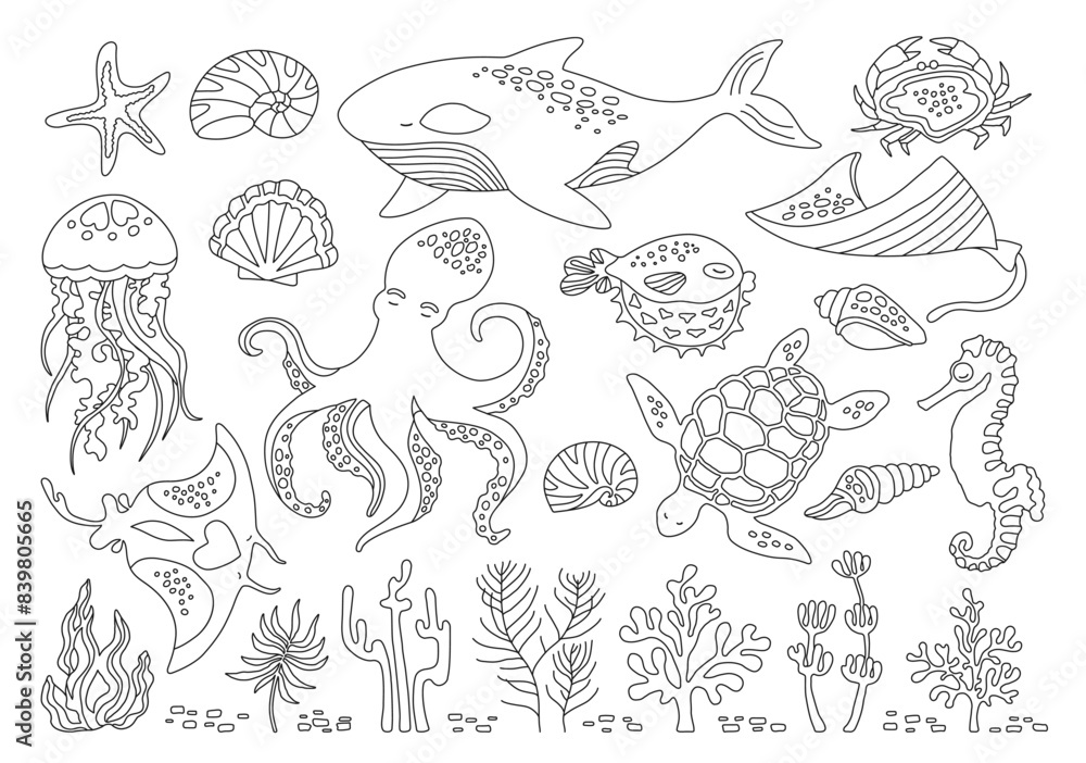 Ocean sea animals doodle outline set. Marine funny comic cartoon design ...