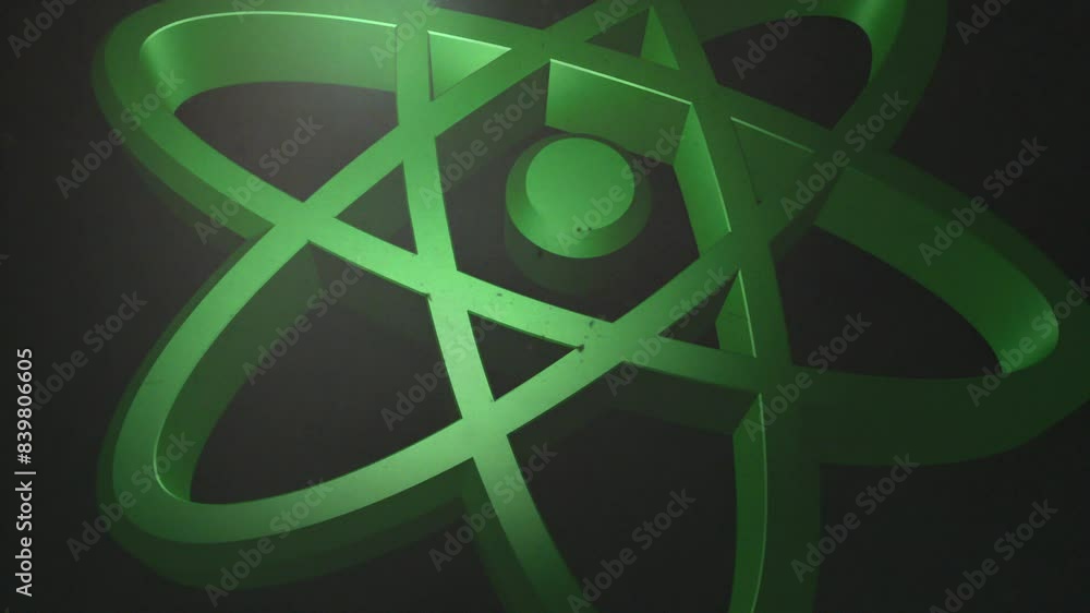 3D atom classic symbol, green, passing through a thick, dirty ...