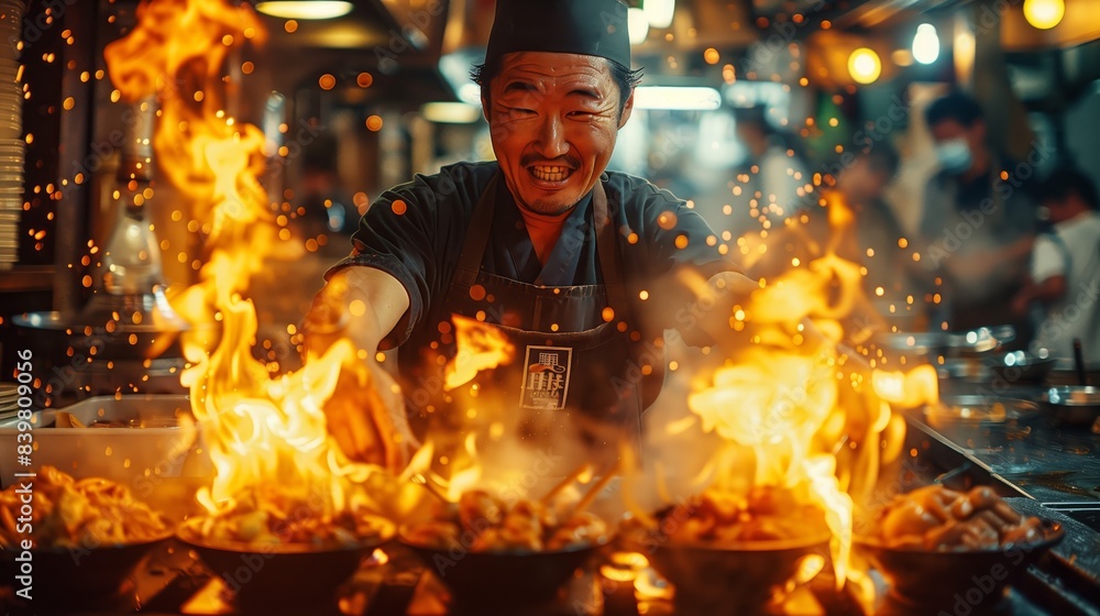 Chef Cooking with Flames in Street Food Market. Dynamic scene of a chef ...