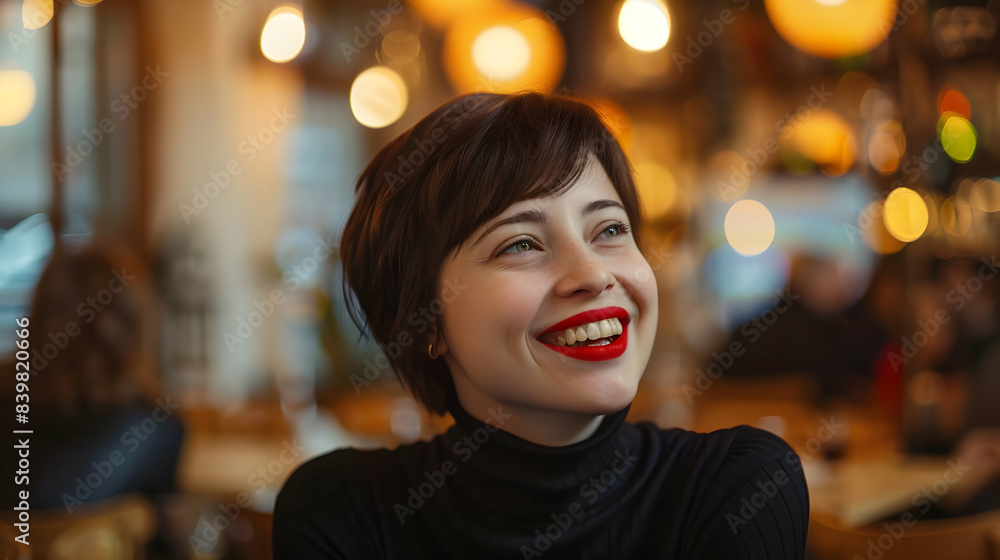 Portrait of a cute woman laughing, short pixie cut hair, bright red ...