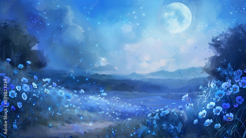 Blue Moon casting a soft blue glow on a peaceful landscape, with blue ...