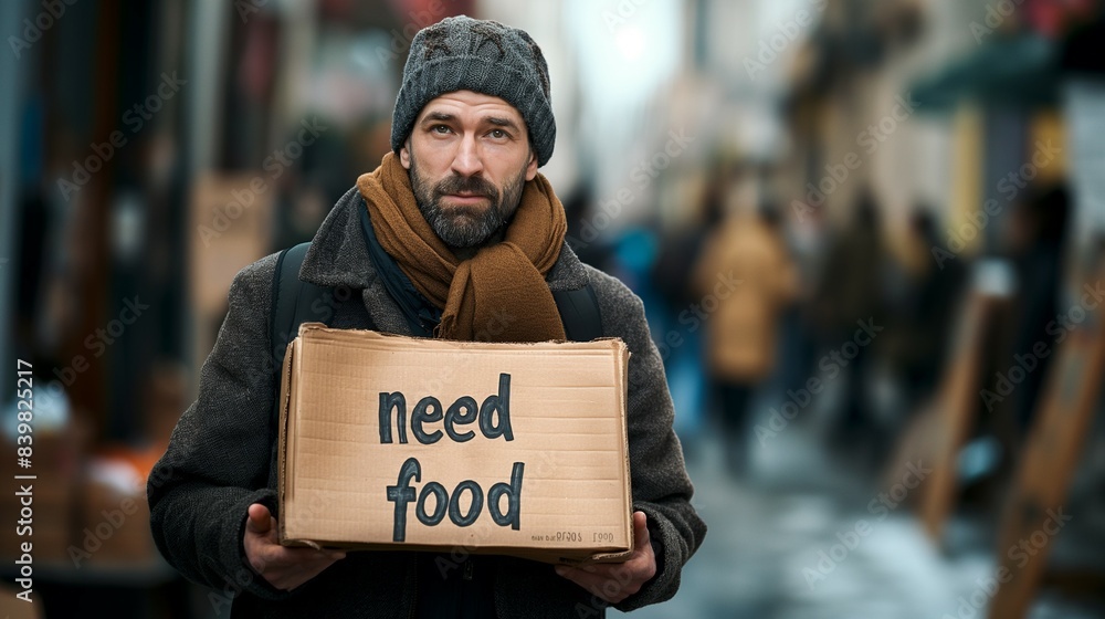 Desperate Homeless Man Holding a Cardboard Sign Reading 'Need Food' on ...