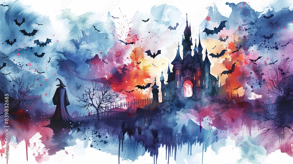 Cartoon vampire and mummy emerging from a spooky castle with watercolor ...