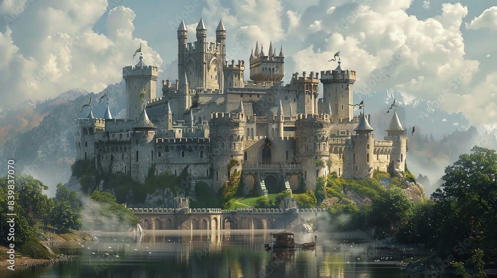 Artistic depiction of a medieval castle, detailed architecture and ...