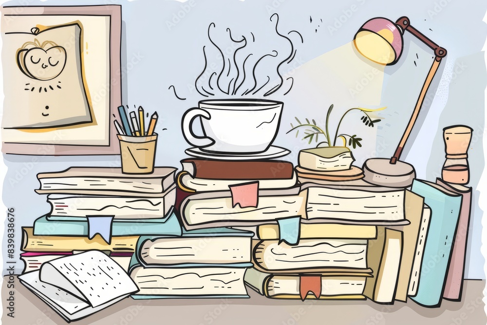 Cartoon cute doodles of a stack of textbooks with bookmarks and a ...