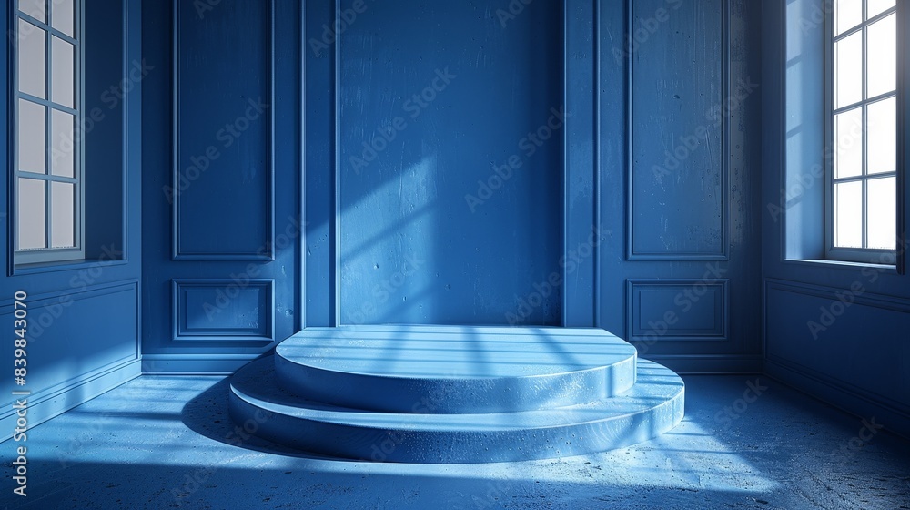 Elegant empty blue room interior with natural light from large windows ...