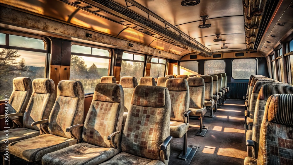 Inside empty tour bus, abandoned seat with worn upholstery, illuminated ...