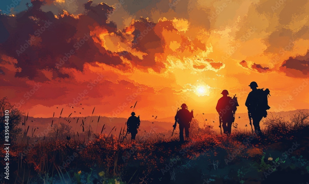 group of military soldiers infantry army marching to war battle ...