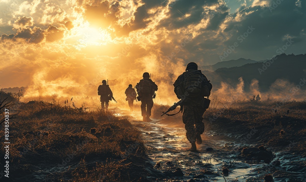 group of military soldiers infantry army marching to war battle ...