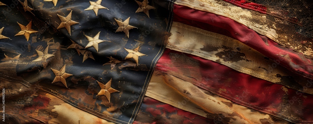 Closeup of an old, tattered American flag with faded stars and vibrant ...
