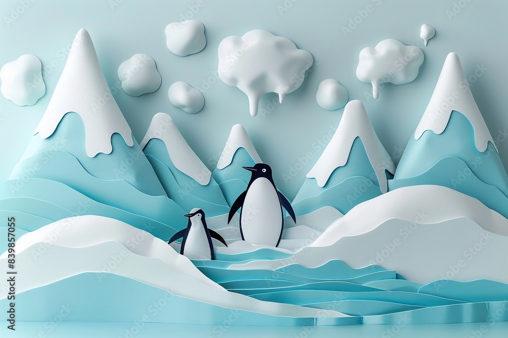 Paper art 3D arctic scene with icebergs and penguins, Cool pastels ...