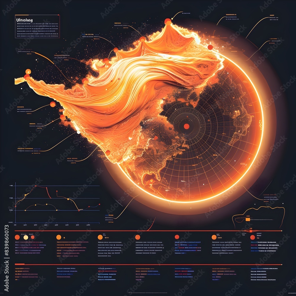 Fiery Infographic Sun Sphere Explosion with Data Visualization Elements ...