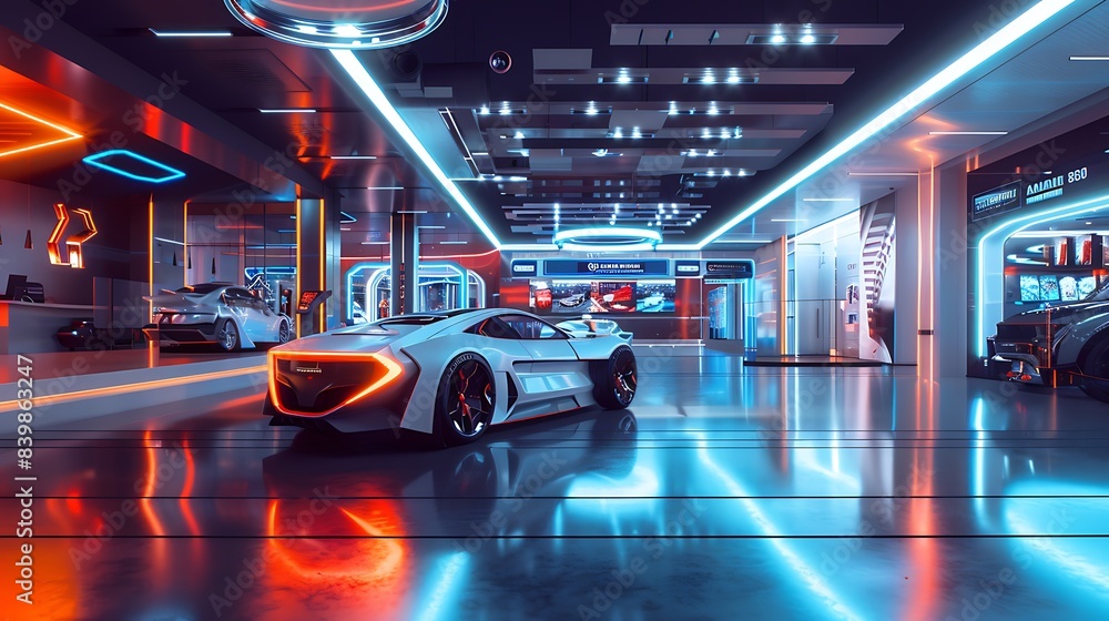 A futuristic car showroom with AR-enabled displays, allowing customers ...