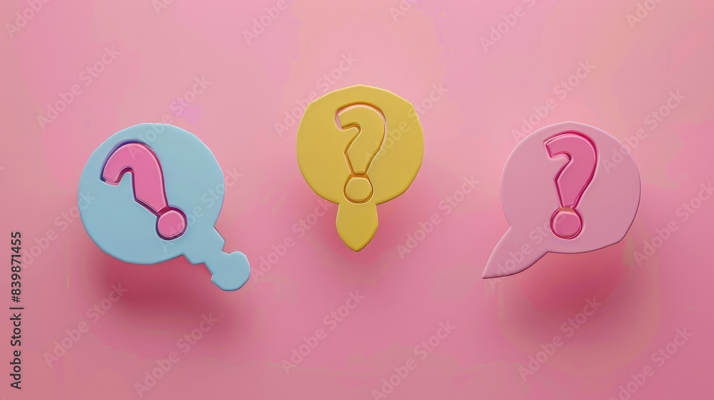 Photo of three speech bubbles with question marks on a pink background, in a flat lay top view ...
