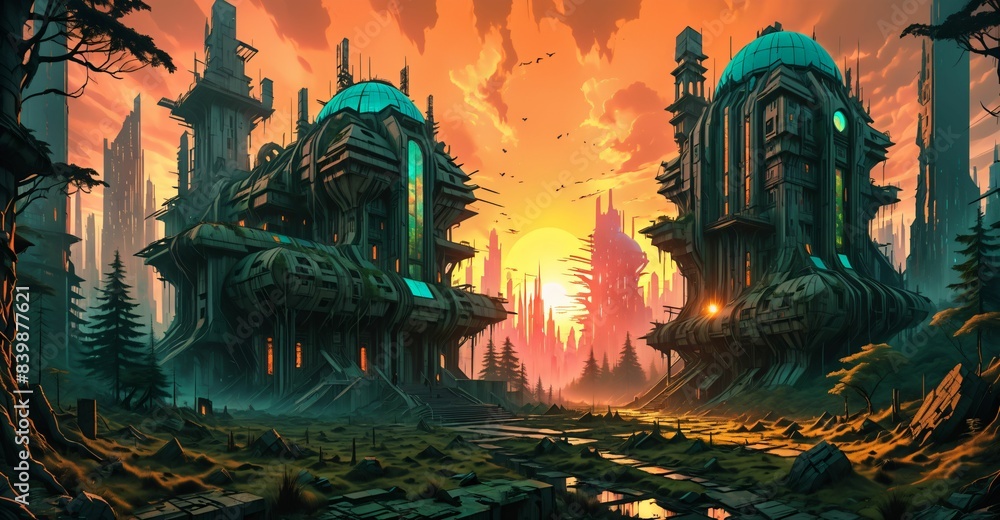 ภาพประกอบสต็อก gothic baroque cyberpunk city tower building palace at ...