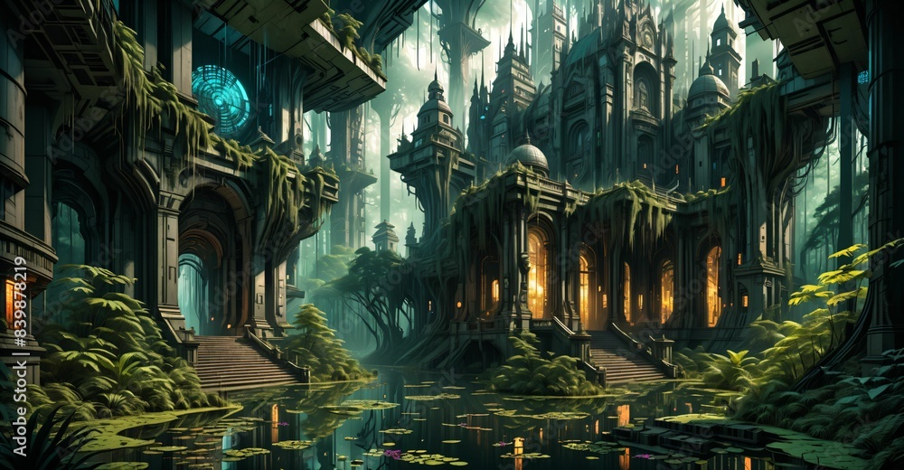 gothic baroque city palace in woodland forest wetlands. fantasy ...