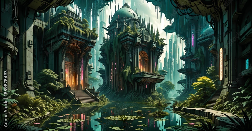 gothic baroque city palace in woodland forest wetlands. fantasy ...