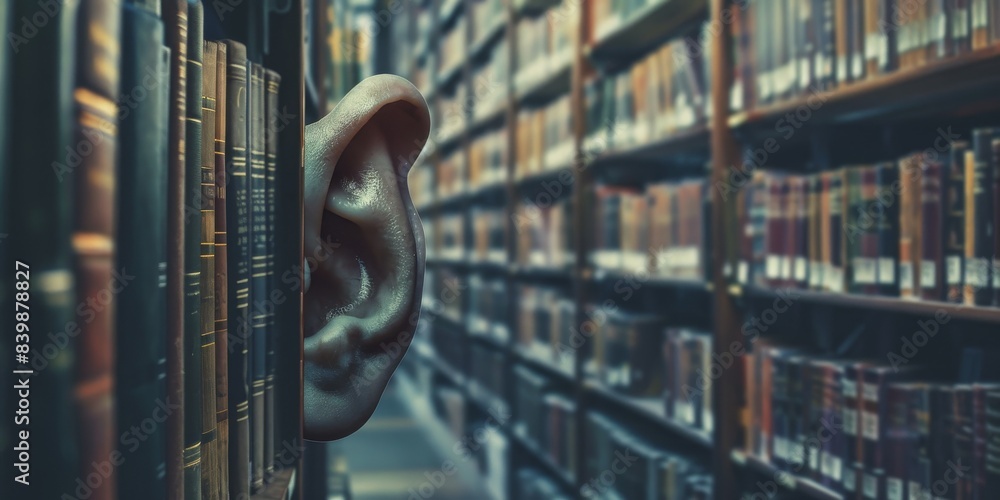 An ear emerges from a bookshelf in a library, representing the concept ...