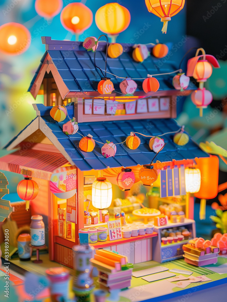 diorama, storehouse building with shop window display of food and ...