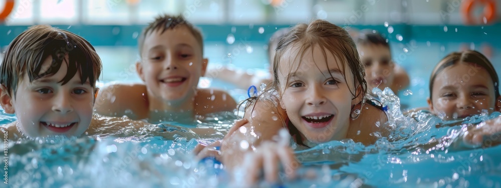 Group of happy children learning to swim in indoor summer swimming pool ...