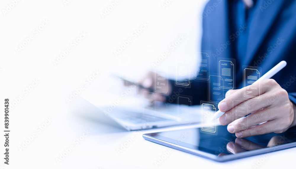 manages document data on a laptop, software for management recorded in ...