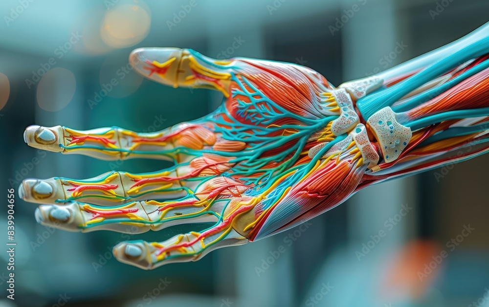 Detailed model of human hand anatomy showing muscles, nerves, and blood ...