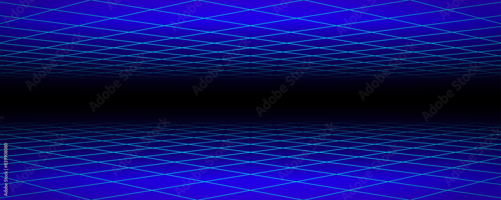 Glowing neon wireframe background. Blue diagonal checkered grid planes ...