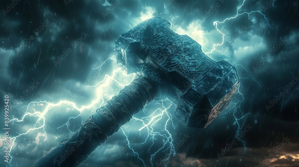 Ancient hammer of fantasy, weathered and powerful, enveloped in thunder ...