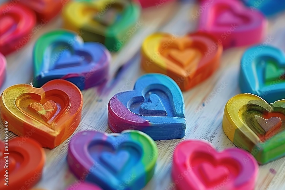 Vibrant rainbow heart-shaped tokens symbolize unity and diversity ...