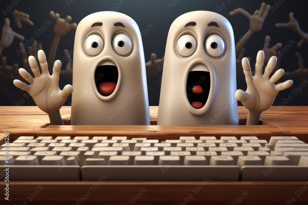 Vibrant cartoon hands using a keyboard on a beautiful face background ...