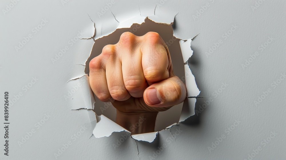 A fist is shown through a hole in a wall. The fist is clenched and the ...