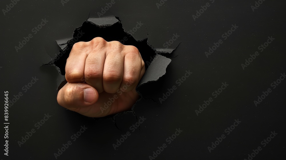 A fist is shown through a hole in a wall. The fist is clenched and the ...