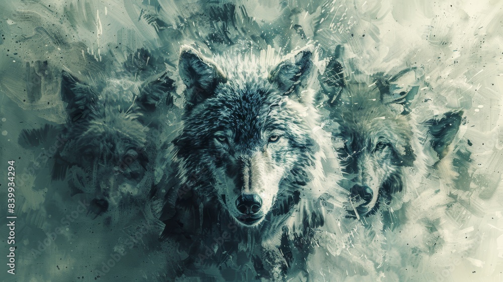 Digital illustration of a mystical wolf pack emerging from fog ...