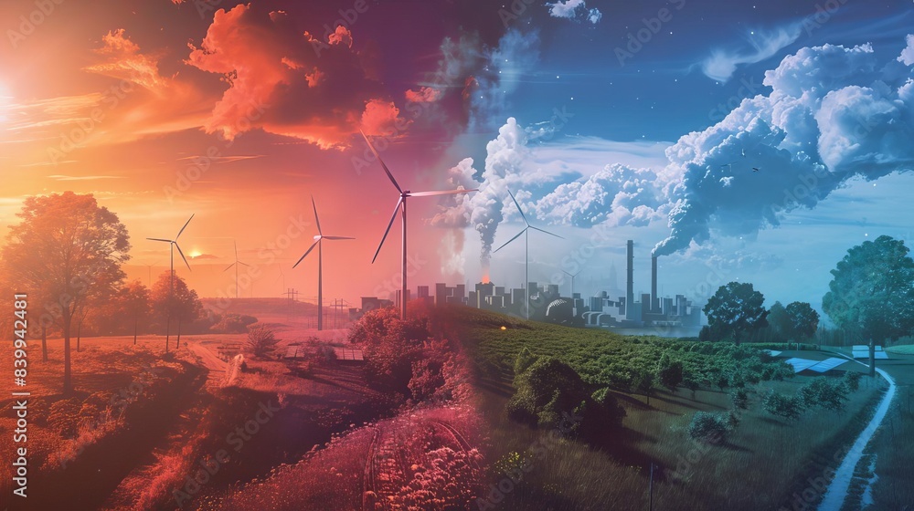 Dramatic contrast between renewable energy wind turbines and pollution ...