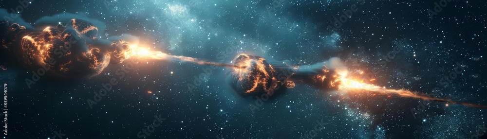 A binary star system in the final stages of a collision. The two stars ...