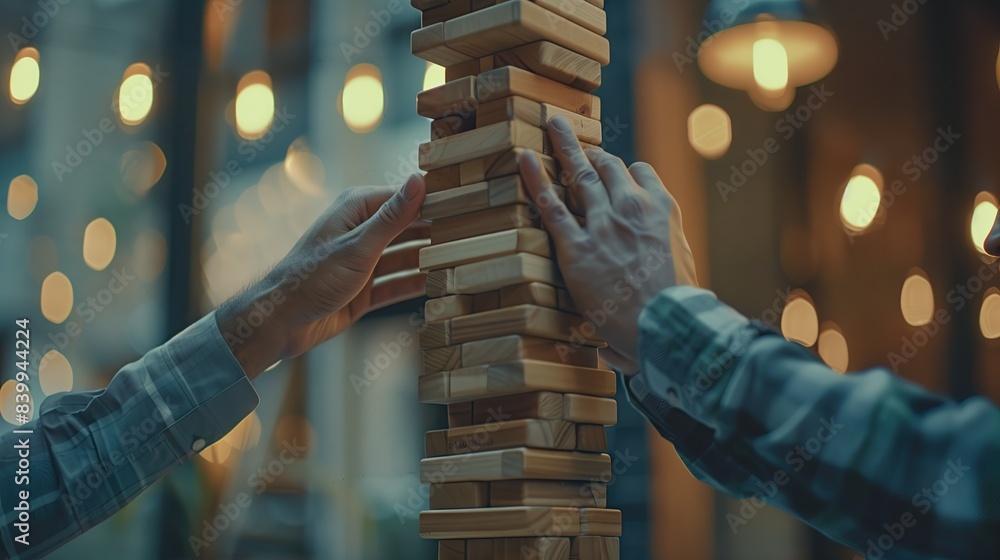Coworkers are playing a Jenga board game with a tall pile of sticks to ...