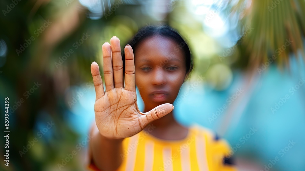 Close-up of young woman doing a stop gesture with blurred background ...