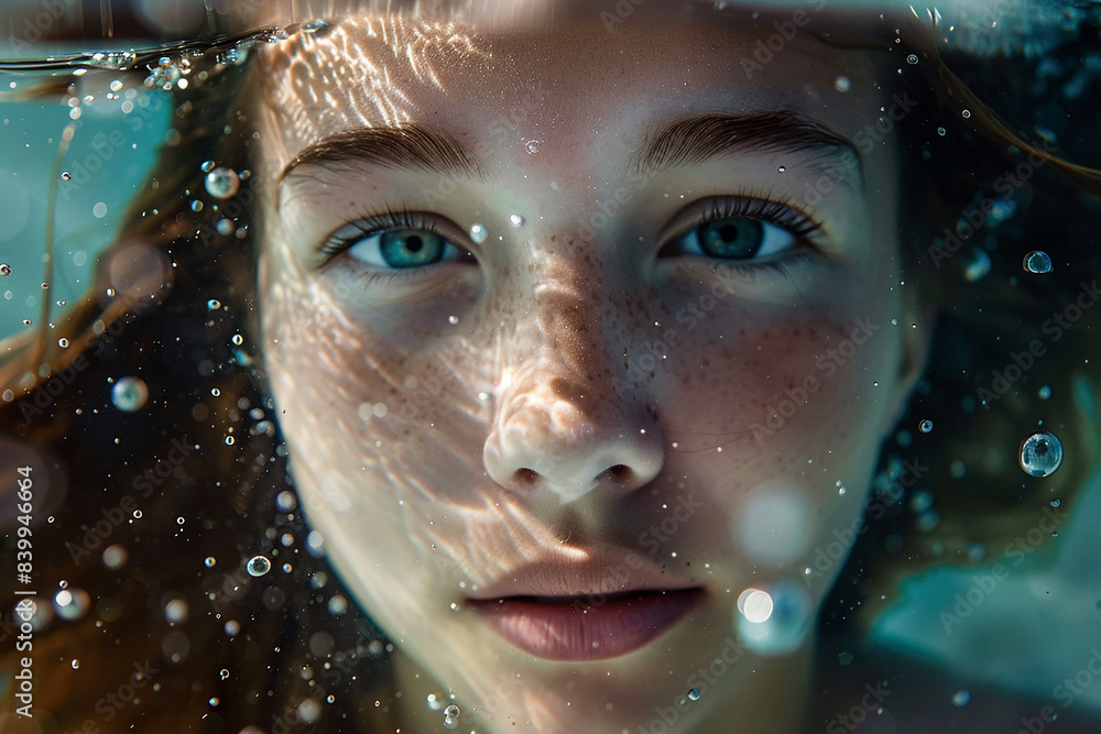 A young woman's portrait underwater, with beautiful light on her face ...