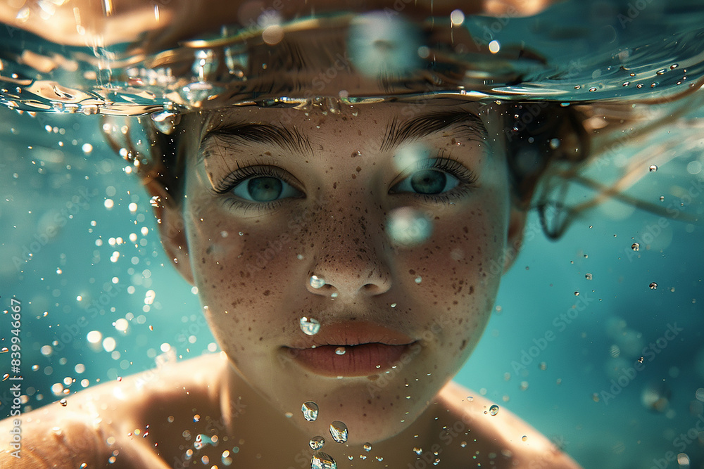 A young woman's portrait underwater, with beautiful light on her face ...