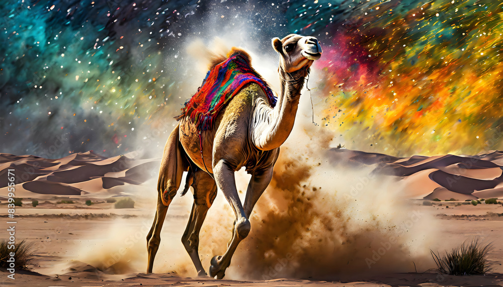 camel braving a sandstorm in the desert, using bold lines and vibrant ...