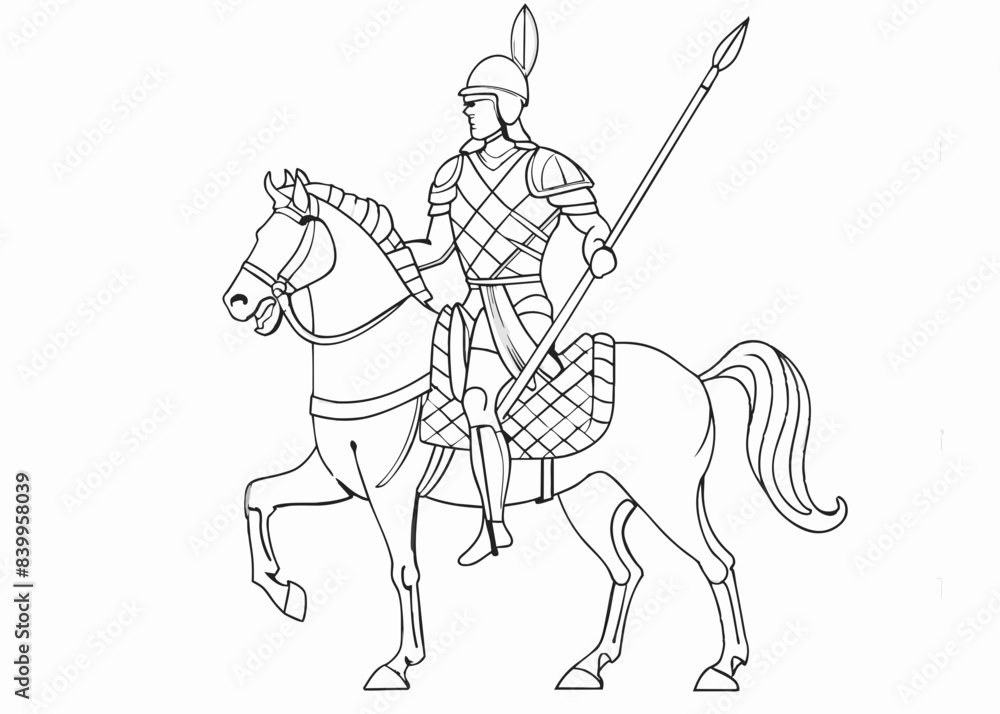 Continuous one line drawing of roman knight ridding horse with spear ...