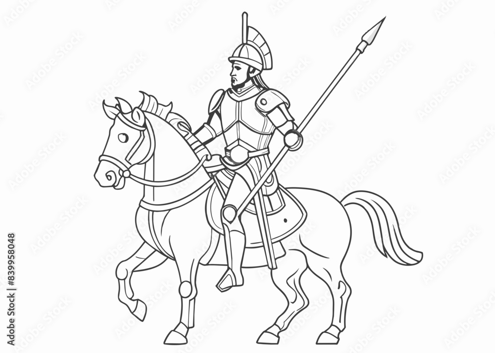 Continuous one line drawing of roman knight ridding horse with spear ...