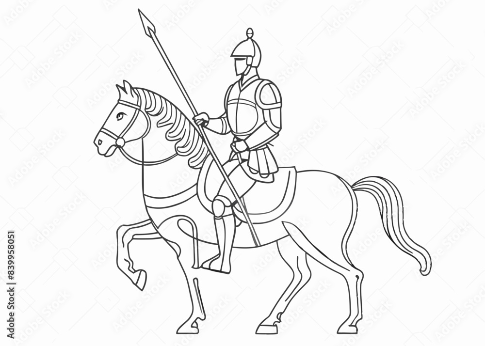 Continuous one line drawing of roman knight ridding horse with spear ...