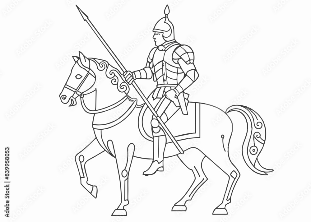 Continuous one line drawing of roman knight ridding horse with spear ...